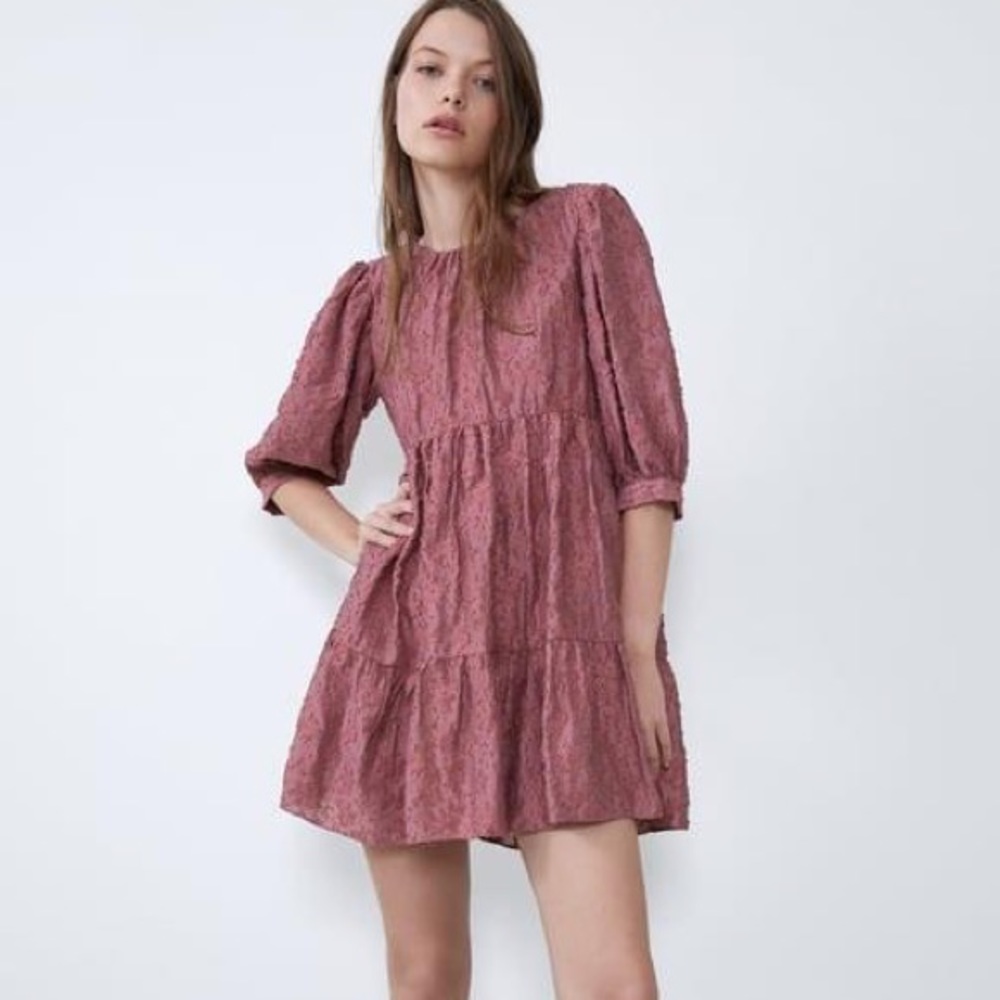 Zara Pink Textured Puff Sleeve Tiered Dress - Gem